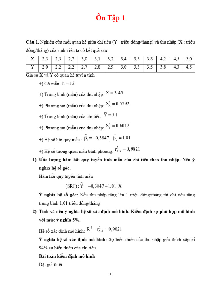 Bài tâp ôn tập KTL_Hồi quy đơn | PDF