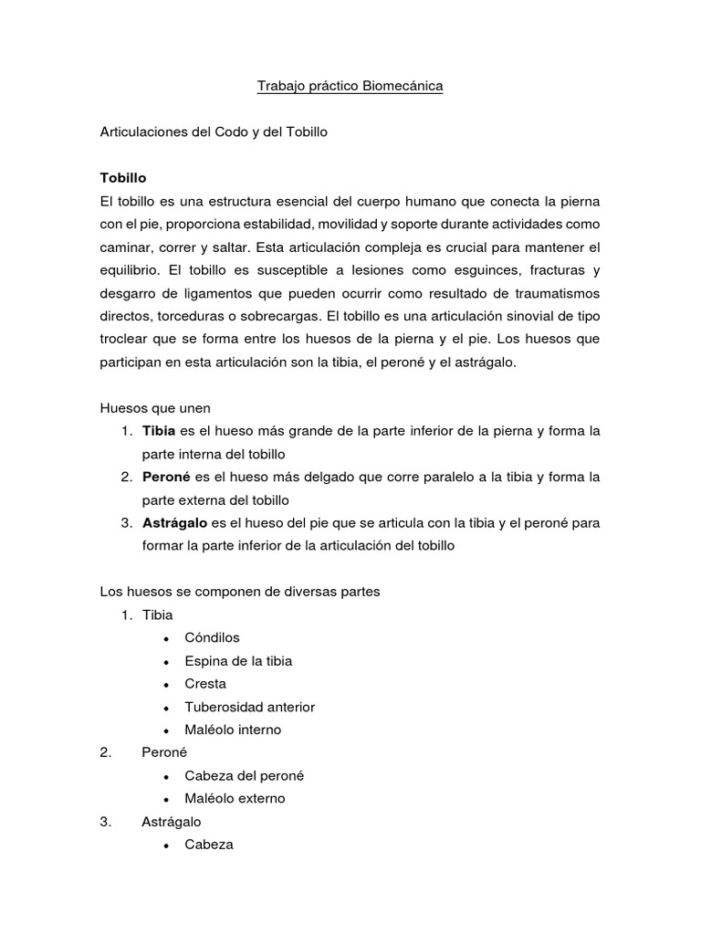 Trabajo Práctico Biomecánica TOBILLO Y CODO | PDF | Tobillo | Codo