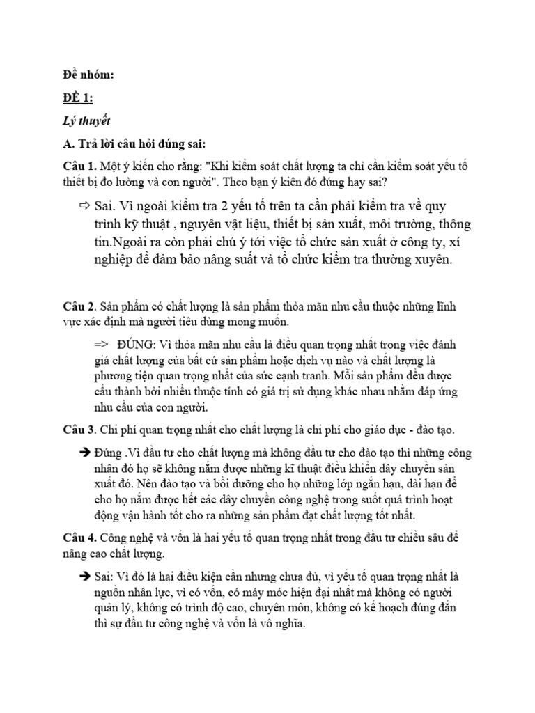 Đề nhóm QTCL - ĐỀ 1. | PDF
