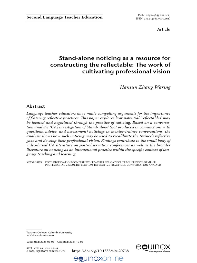 Waring 2022 Stand-Alone Noticing As A Resource For | PDF | Reflective ...