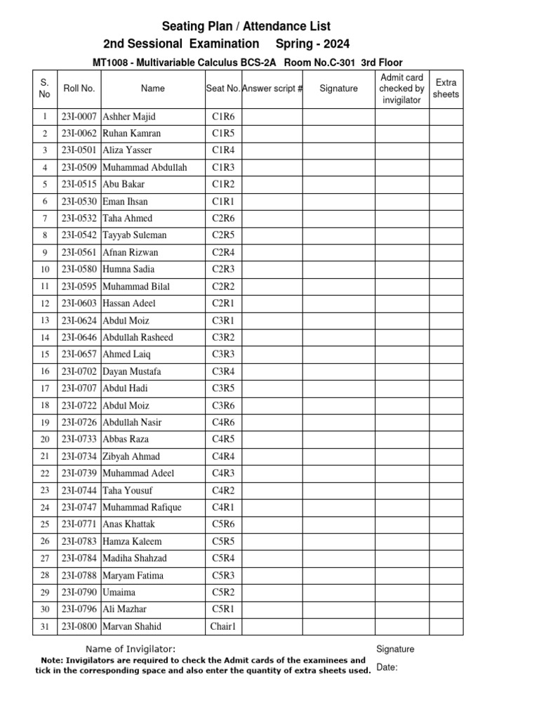 Spring 2024 Exam Seating Plan | PDF