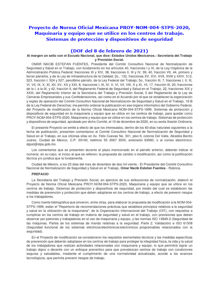 Proyecto de Norma Oficial Mexicana Proy Nom 004 Stps 2020 Maquinaria y Equipo Que Se Utilice en ...