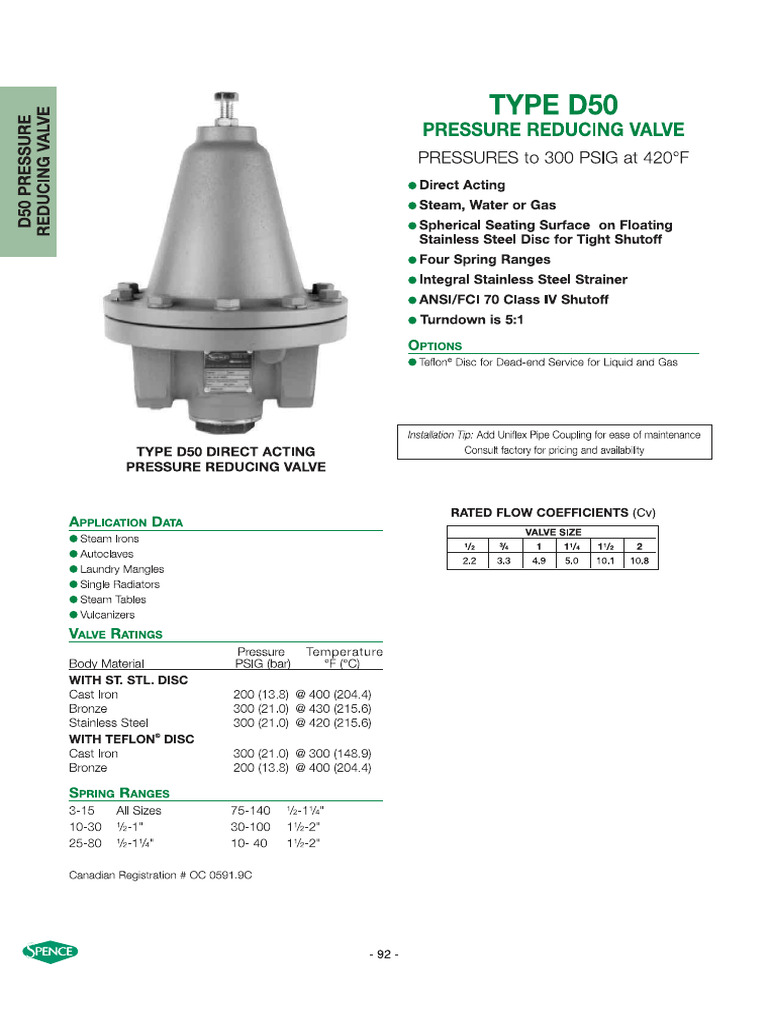 Spence D50 Direct Operated Pressure Regulating Valve | PDF