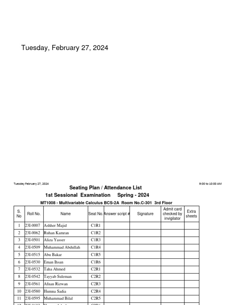 Sessional-1 Exam Seating Plan For Tuesday - Feb 27, 2024 - , School of Computing | PDF
