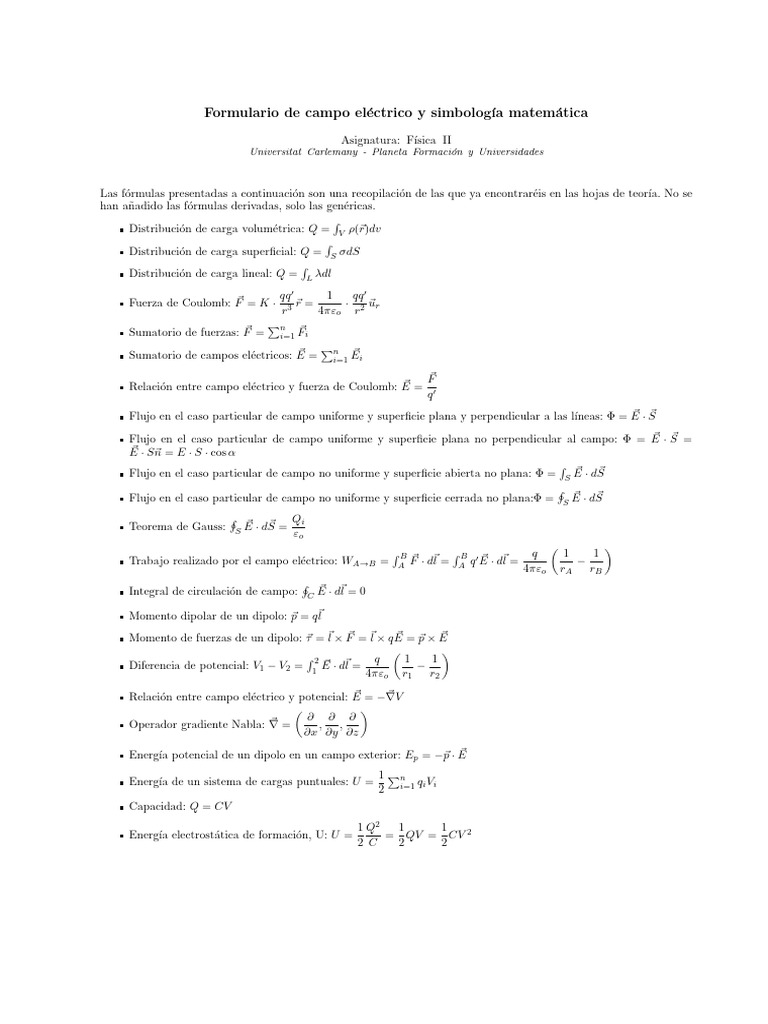 Formulario de Campo Eléctrico | PDF | Campo eléctrico | Ciencias fisicas