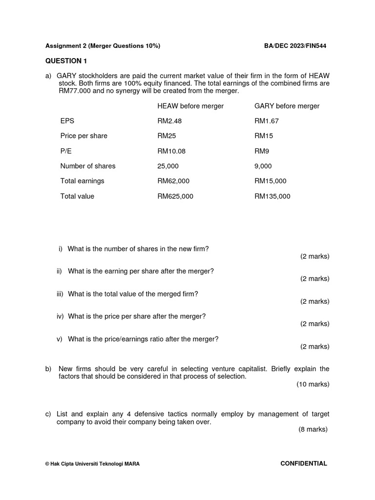 Assignment 2 Merger Qs Dec 23 | PDF | Mergers And Acquisitions | Stocks