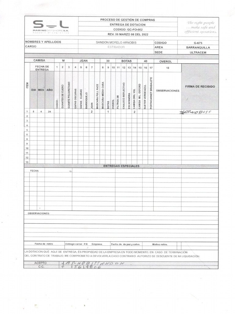 Entrega de Dotacion | PDF