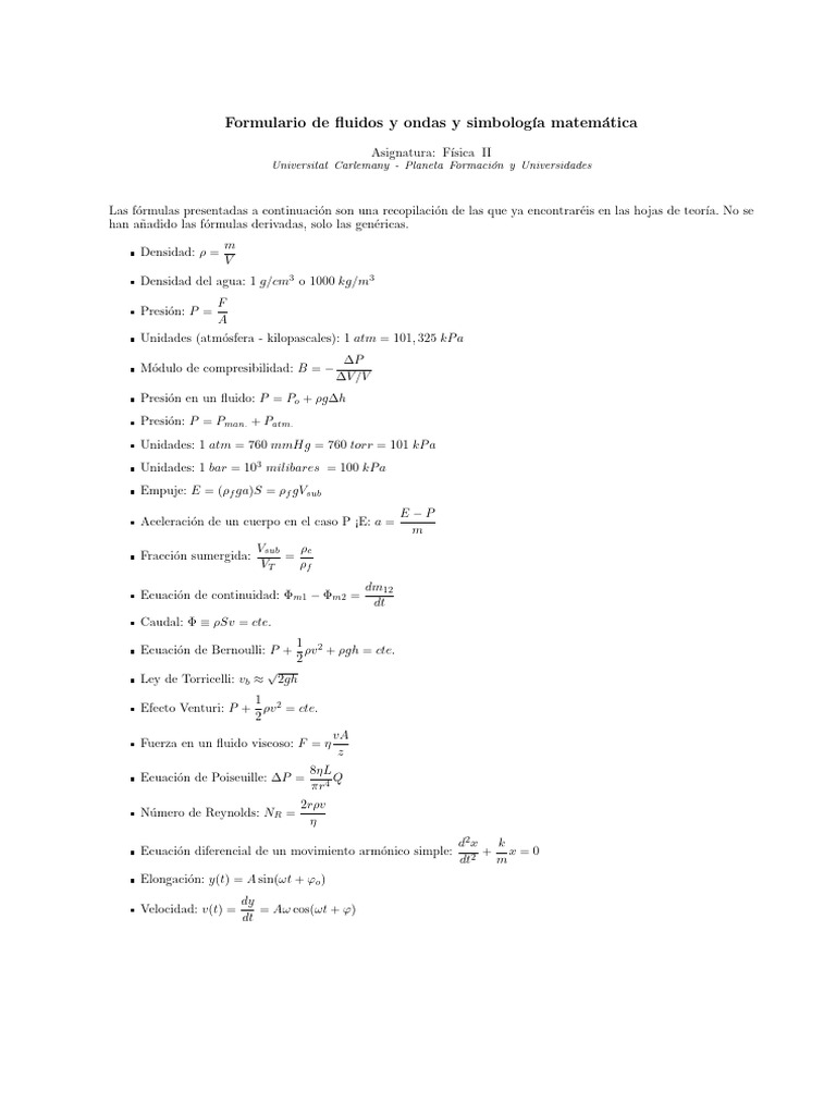 Formulario de Fluidos y Ondas | PDF | Olas | Ecuaciones diferenciales