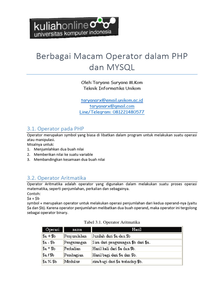 Operator Dalam Pemrograman PHP Dan Mysql | PDF