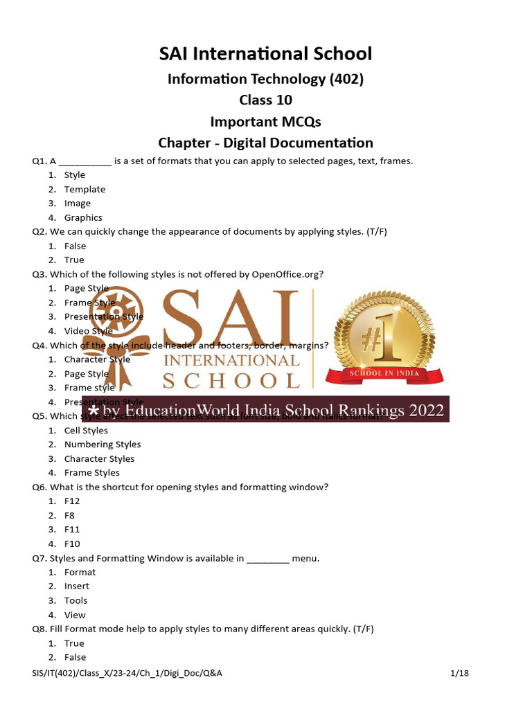 Class 10 IT: Digital Docs MCQs | PDF | Page Layout | Paragraph