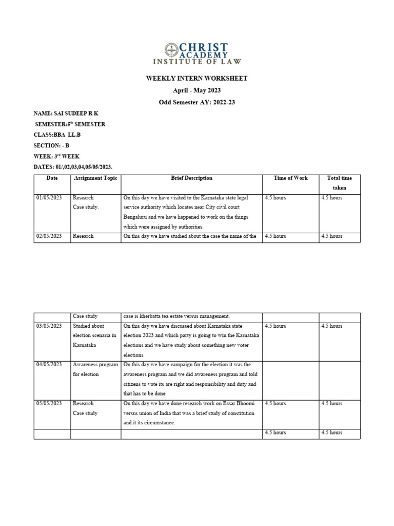 Weekly Intern Worksheet April - May 2023 Odd Semester AY: 2022-23 | PDF