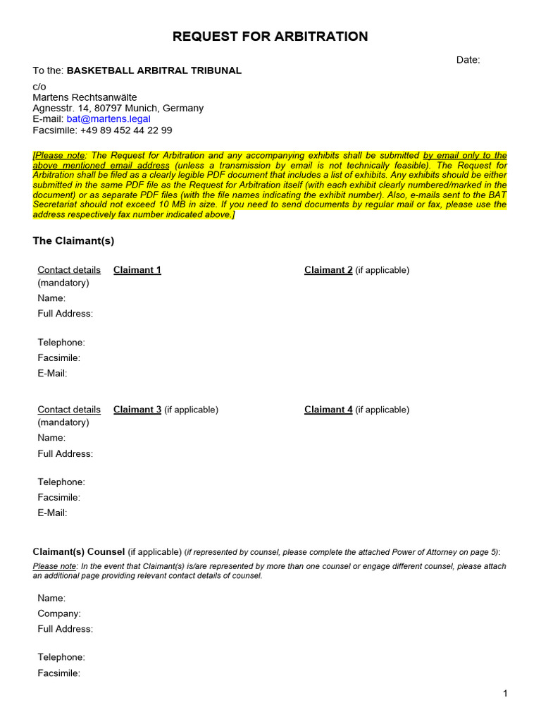 Request For Arbitration - 2024 Rules (Final) | PDF | Fax | Arbitration