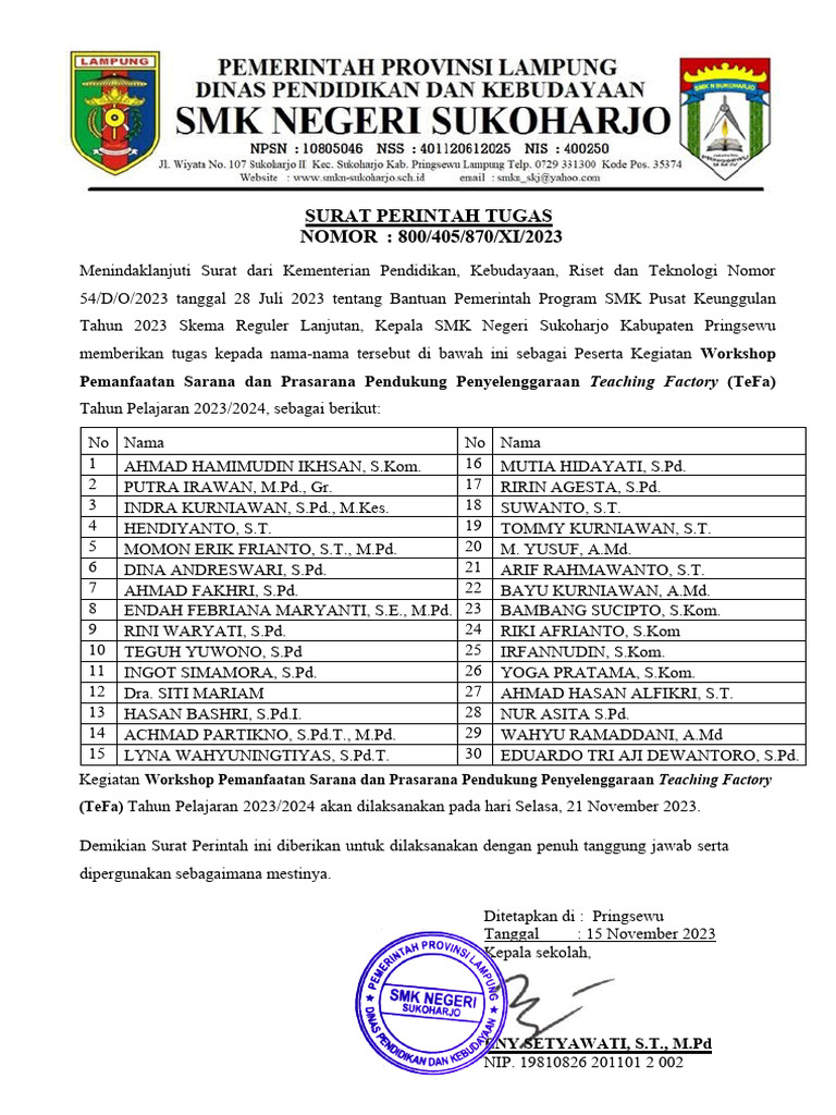 SPT Peserta TEFA UAP SMK PK 2023 | PDF