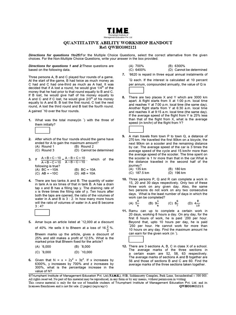 QUANTITATIVE ABILITY WORKSHOP HANDOUT | PDF | Speed | Economies