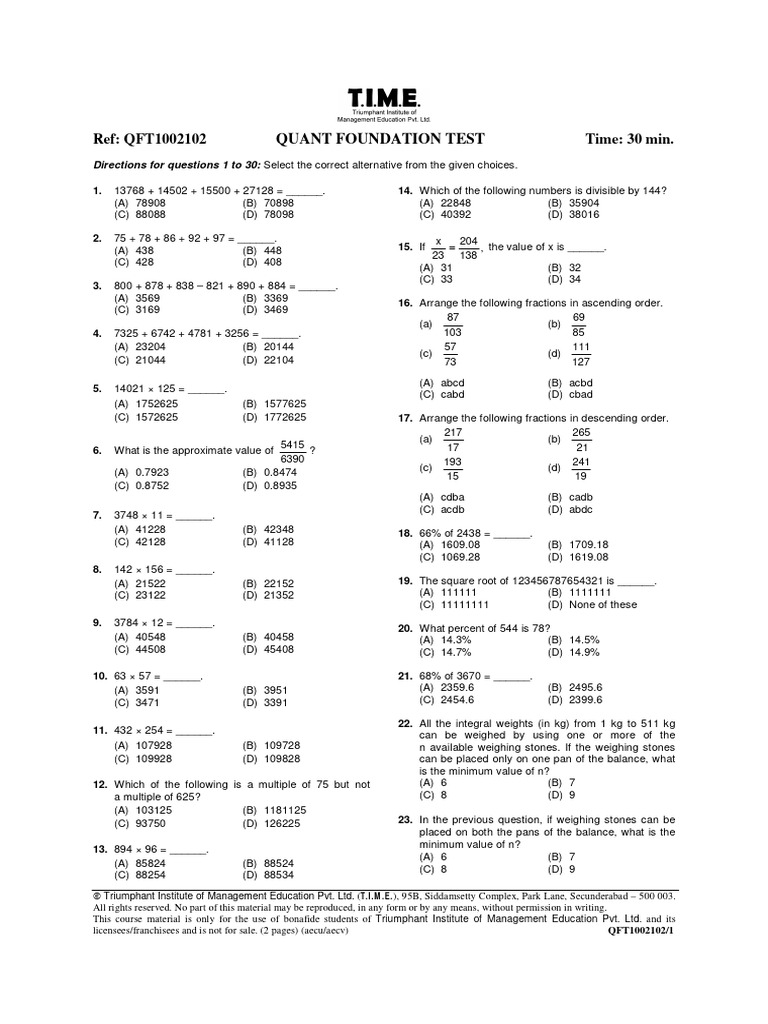 Quant Foundation Test Questions | PDF | Mathematics | Numbers