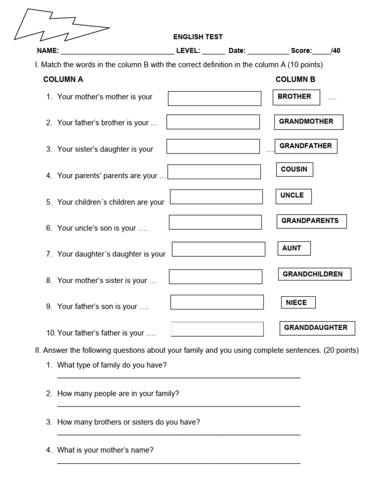 Family Relations English Test | PDF | Family | Stepfamily