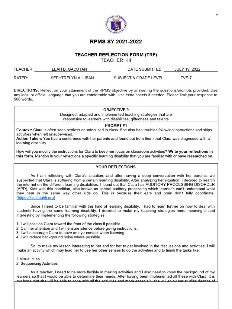 Teacher Reflection Form For T I III For RPMS SY 2021 2022 | PDF ...