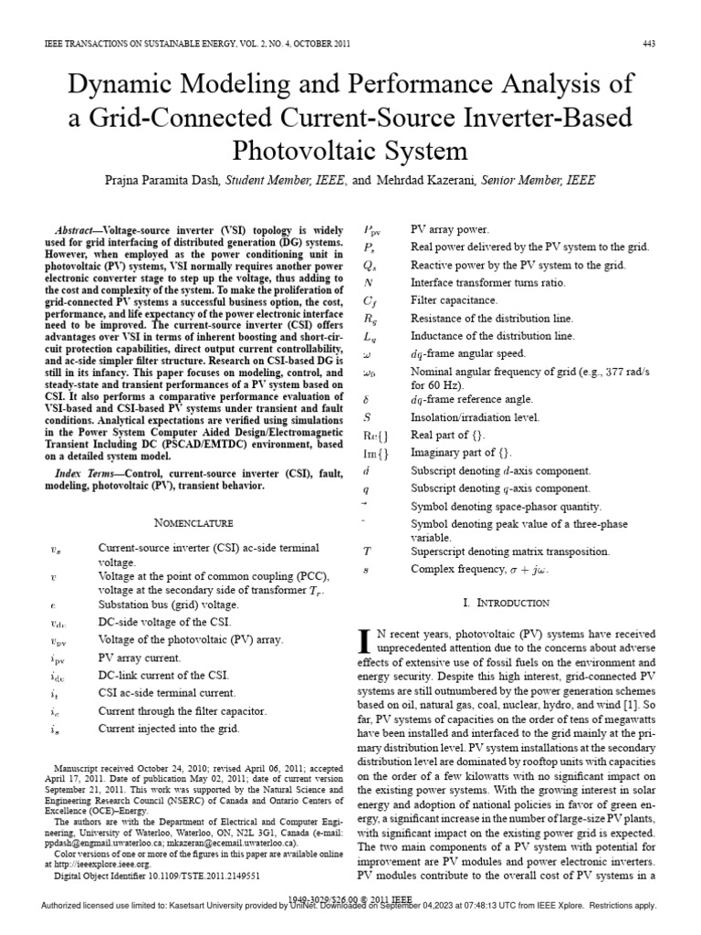 Dynamic Modeling and Performance Analysis of A Grid-Connected Current-Source Inverter-Based ...