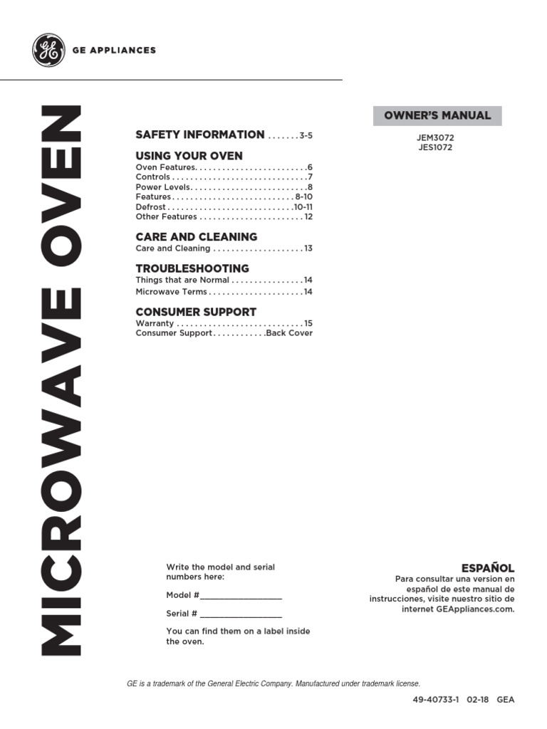 6609 Kitchen GE Microwave JES1072 User Manual | PDF | Ac Power Plugs ...