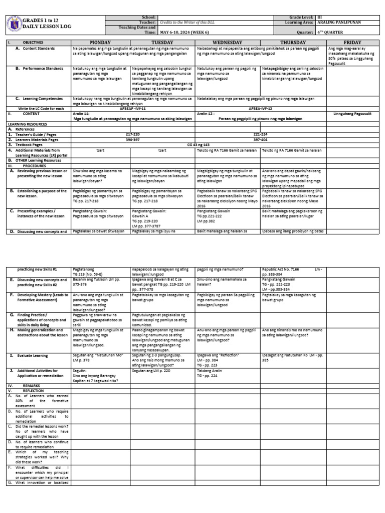 DLL - Araling Panlipunan 3 - Q4 - W6 | PDF