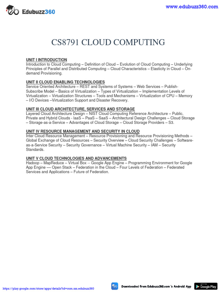 CS8791 Cloud Computing Syllabus | PDF