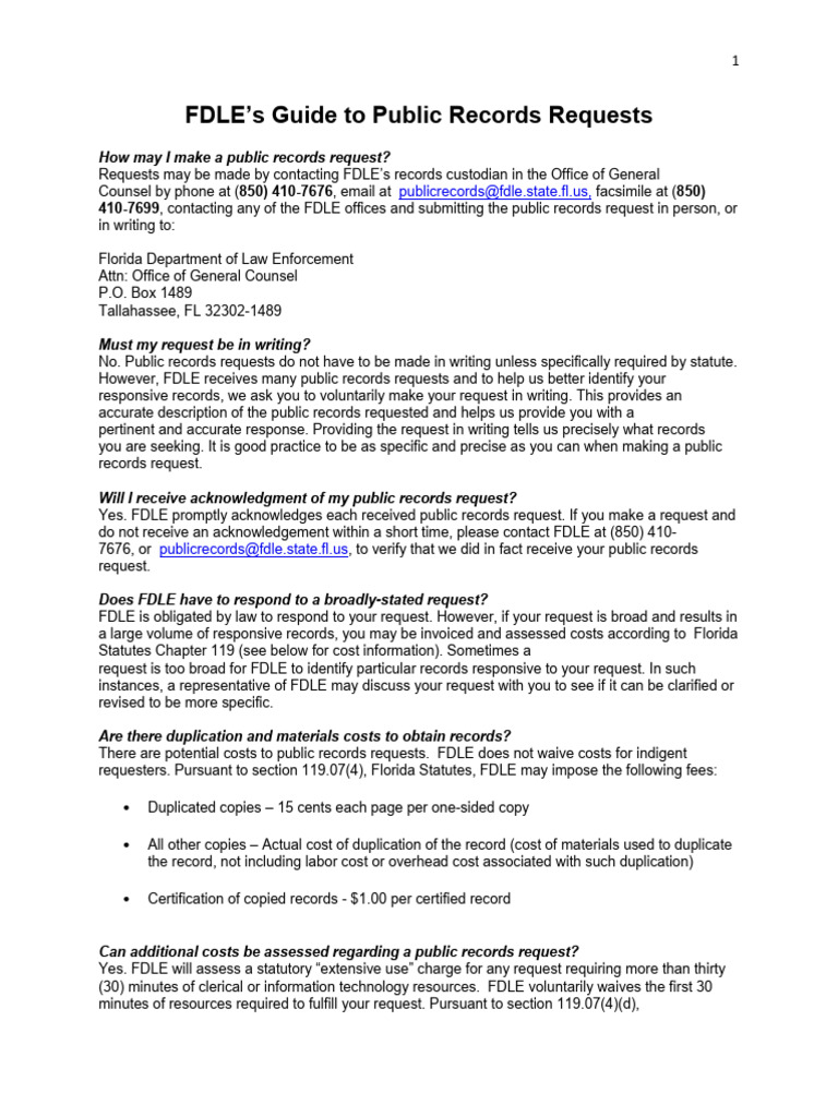 Fdle Guide To Public Records | PDF | Information | Fee