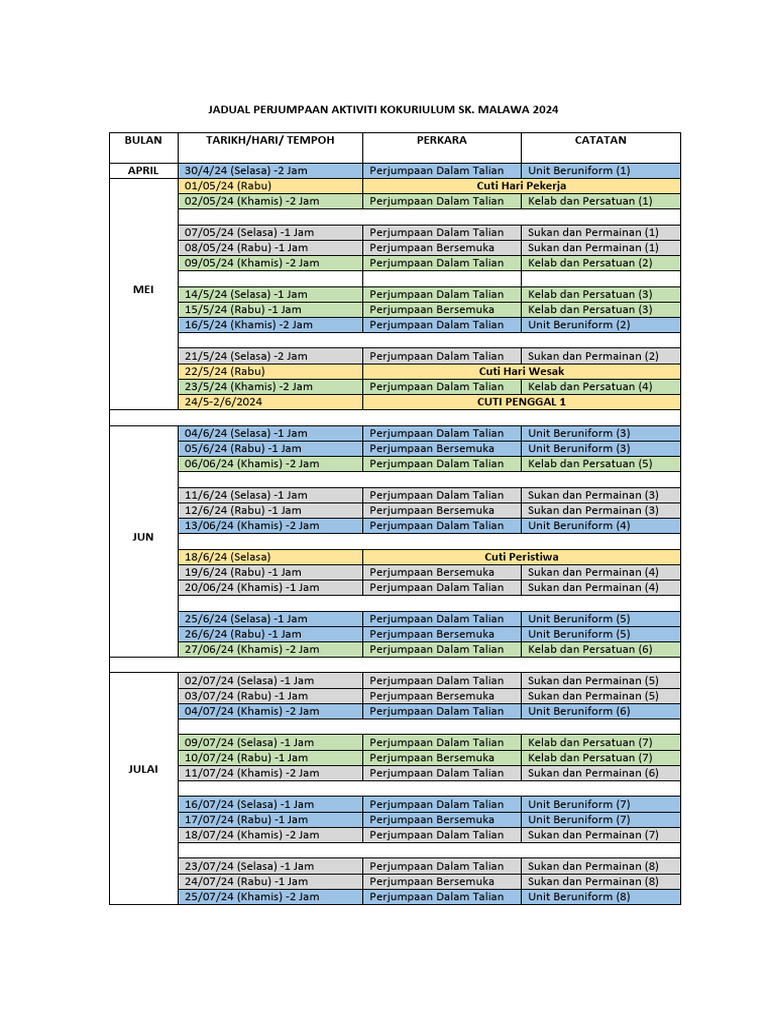 Jadual Perjumpaan Aktiviti Kokurikulum 2024 | PDF Jadual Perjumpaan Aktiviti Kokurikulum 2024 | PDF