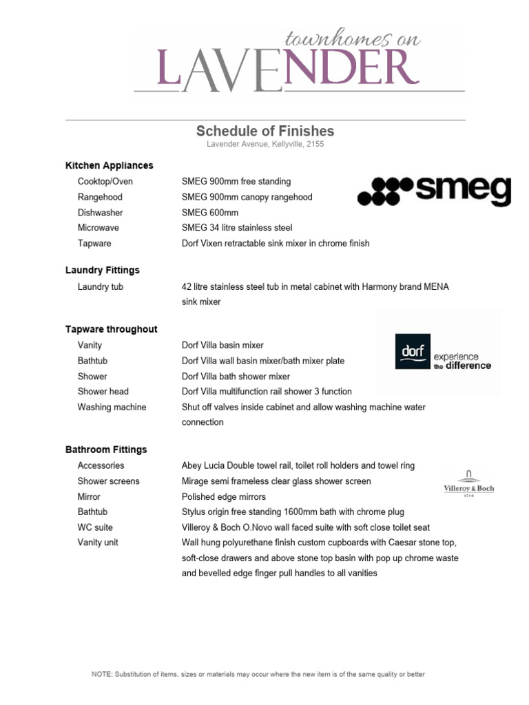 Lavender Avenue Schedule of Finishes | PDF | Door | Kitchen