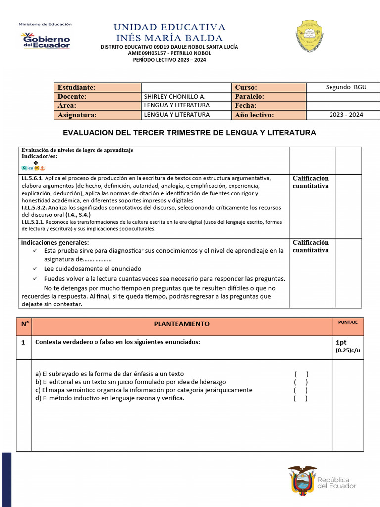 Examen de Lengua y Literatura 3 Er Trimestre de Segundo BGU Shirley | PDF | Evaluación | Cognición