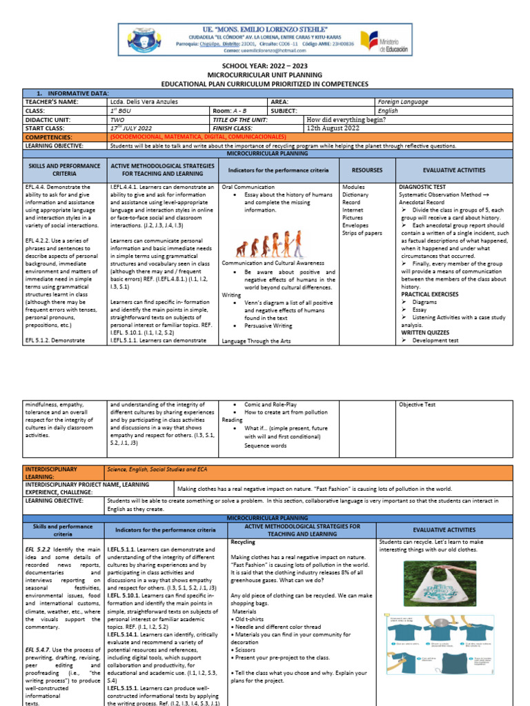 1er BGU-MICROCURRICULAR PLANNING | PDF | English As A Second Or Foreign Language | Learning