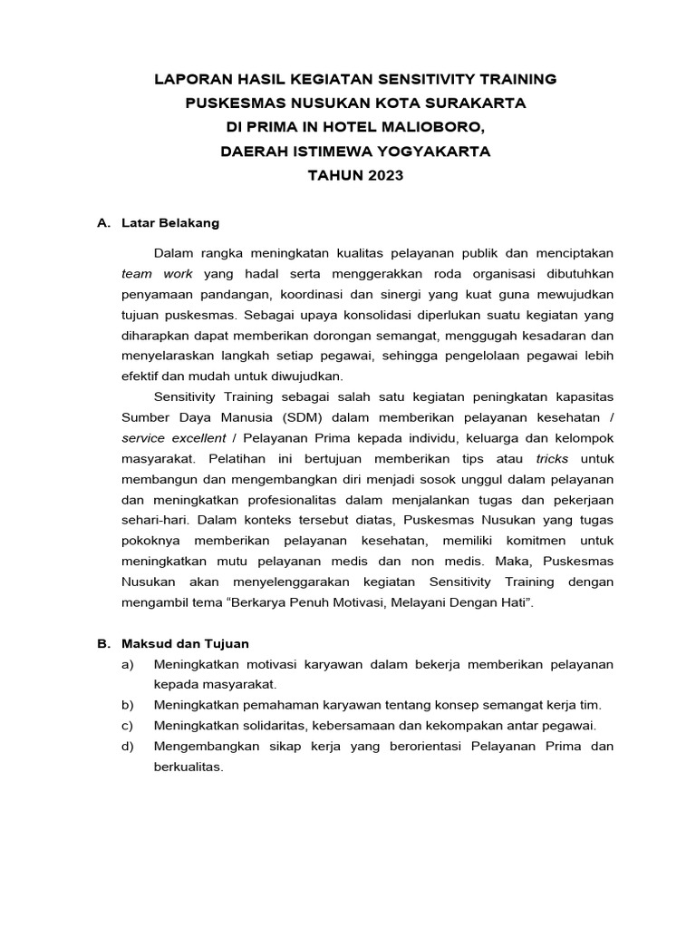 Laporan Hasil Kegiatan Sensitivity Training Pkm Nusukan Tahun 2023 | PDF Laporan Hasil Kegiatan Sensitivity Training Pkm Nusukan Tahun 2023 | PDF