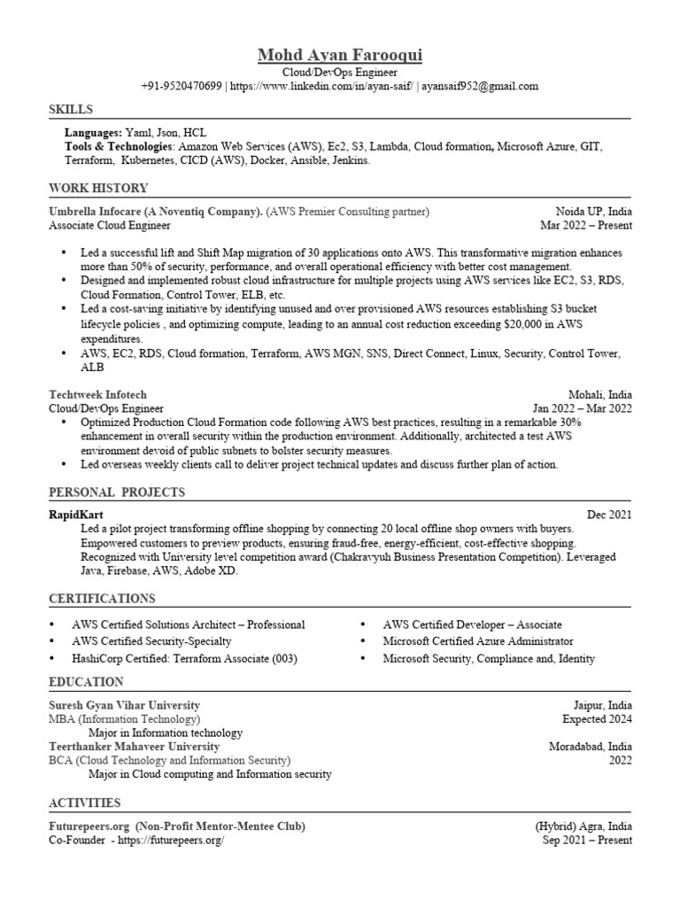 Ayan New Resume | PDF | Amazon Web Services | Cloud Computing