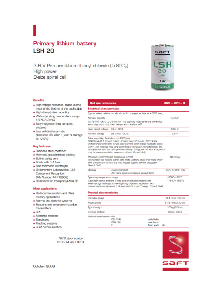 Saft LSH20 data sheet | PDF