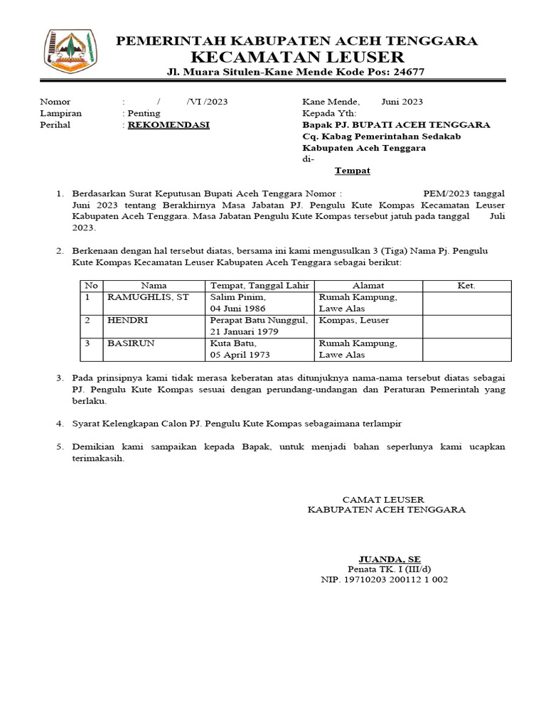 Surat Rekom Camat Leuser | PDF