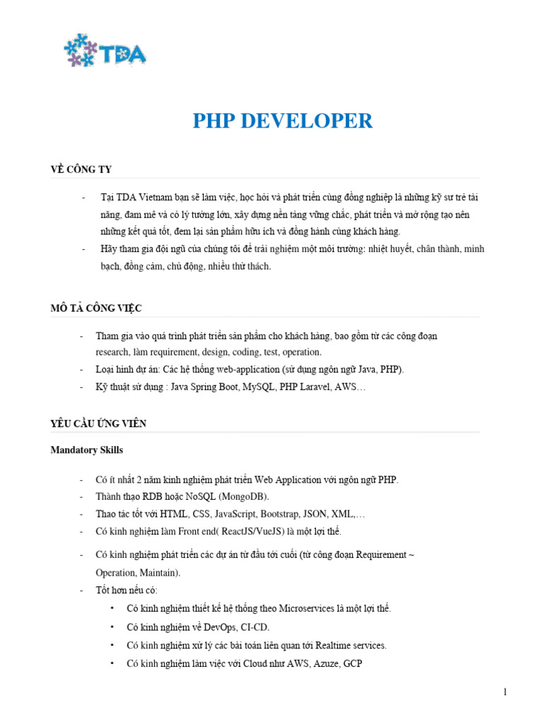 JD Position PHP Engineer TDAVN | PDF
