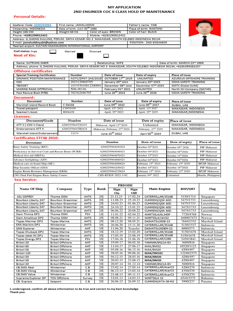 CV Jamaluddin Coc 2ND Engineer. | PDF | Ships | Shipping