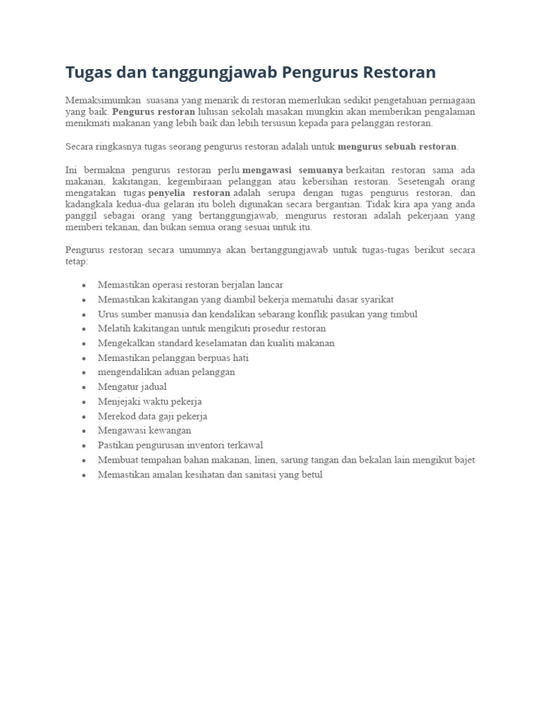 Tugas Dan Tanggungjawab Pengurus Restoran | PDF | Kesehatan Holistik