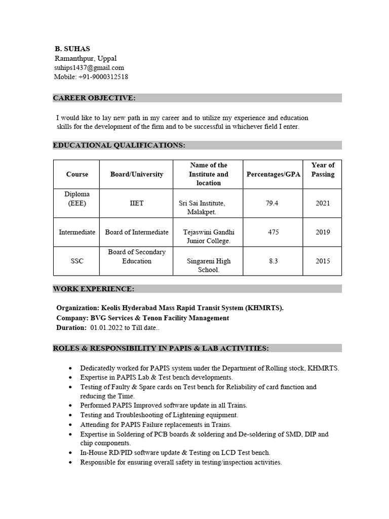 Suhas Resume | PDF | Printed Circuit Board | Electrical Engineering