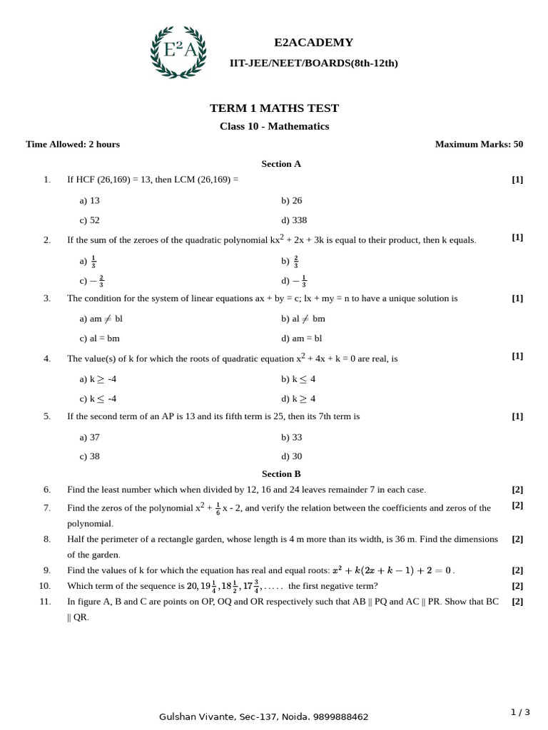 Term 1 Maths Test | PDF | Zero Of A Function | Polynomial