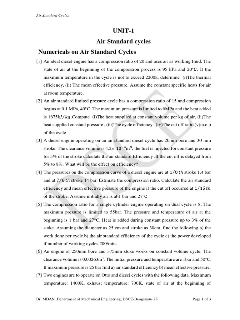Unit - 1 Air Standard Cycle - Numericals Questions | PDF | Diesel Engine | Internal Combustion ...