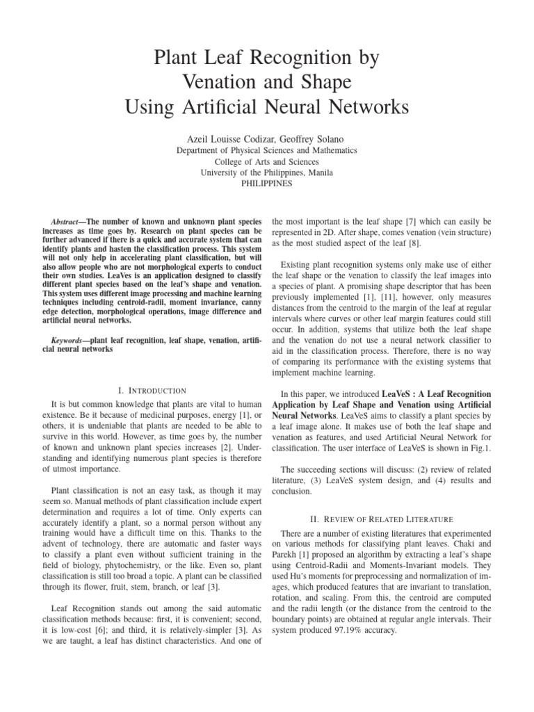 Plant Leaf Recognition By Venation And Shape Using Artificial Neural Networks Pdf Artificial