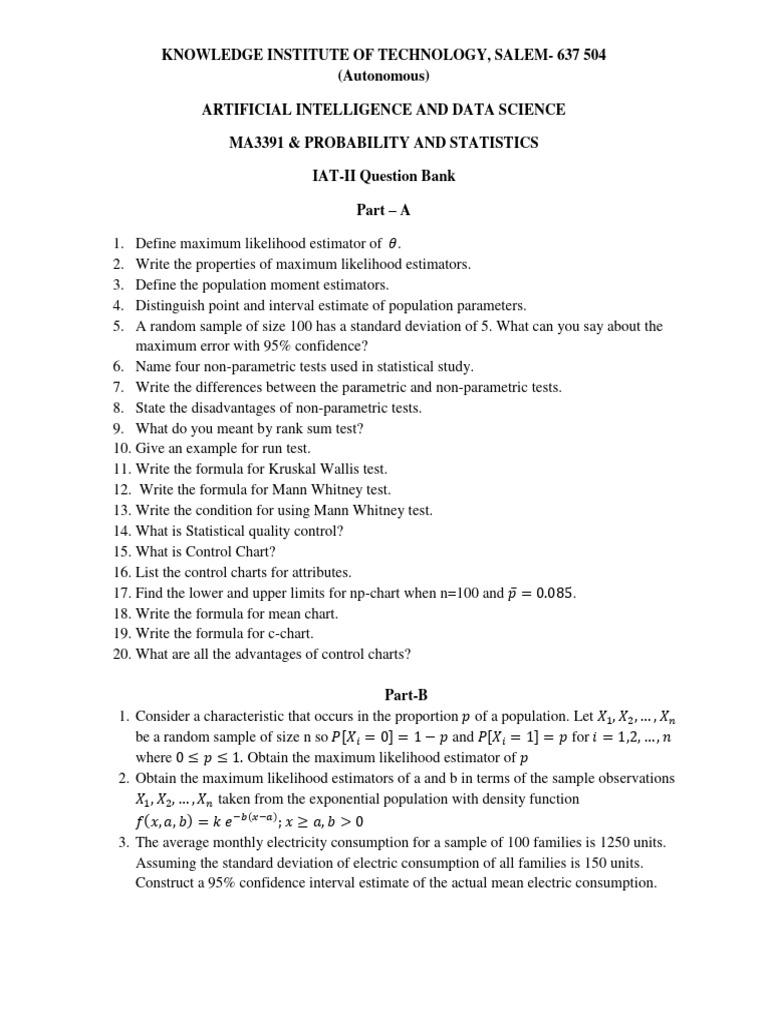 IAT-II Question Bank | PDF | Estimator | Mann–Whitney U Test IAT-II Question Bank | PDF | Estimator | Mann–Whitney U Test