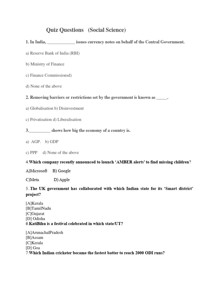 Quiz Questions For Social Science | PDF