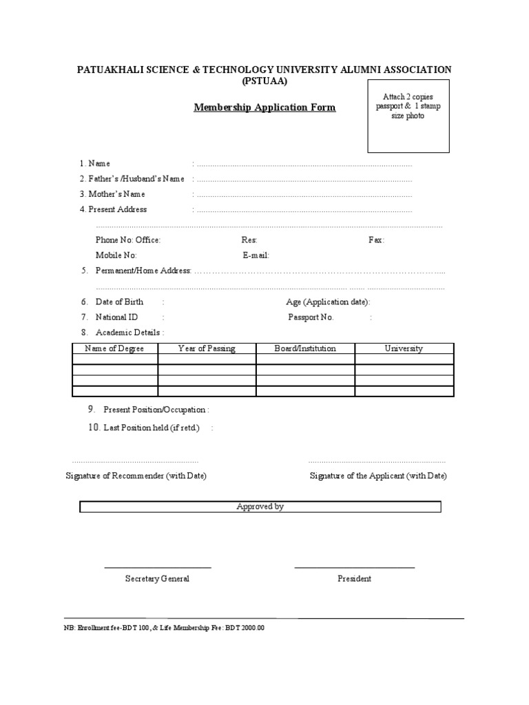 Membership Application Form: Patuakhali Science & Technology University ...