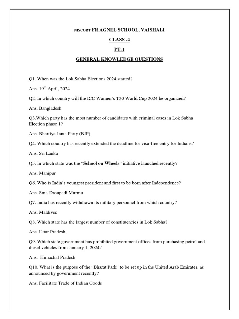 GK Questions 2024-25 Class 4 | PDF | Travel