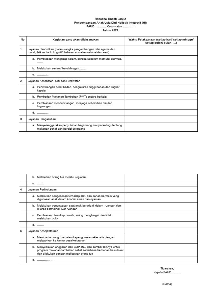 RTL BIMTEK PAUD HI TAHUN 2024 (PAUD...... Kec....... ) | PDF