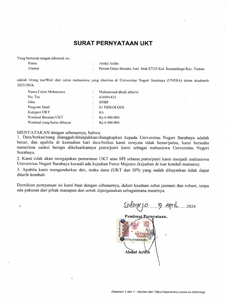 Surat Pernyataan Ukt | PDF