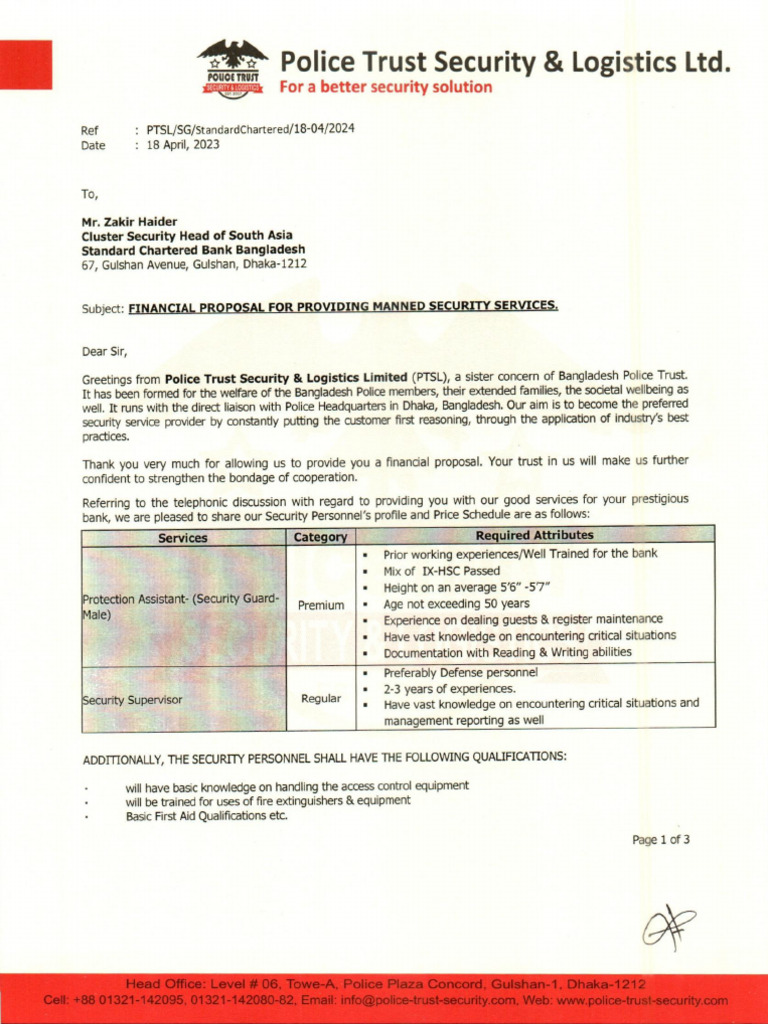 Financial Proposal For Providing Security Services To SCB | PDF