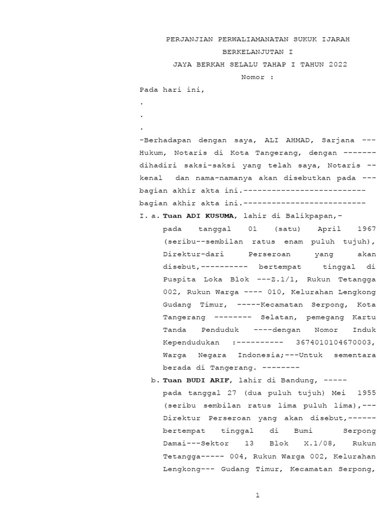 Perjanjian Wali Amanat Sukuk Ijarah 2022 | PDF