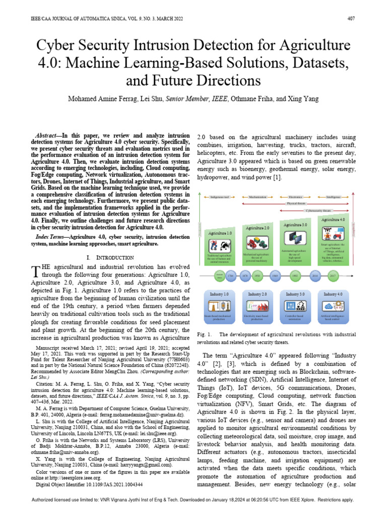 2 Cyber Security Intrusion Detection For Agriculture 4 0 Machine Learning Based Solutions